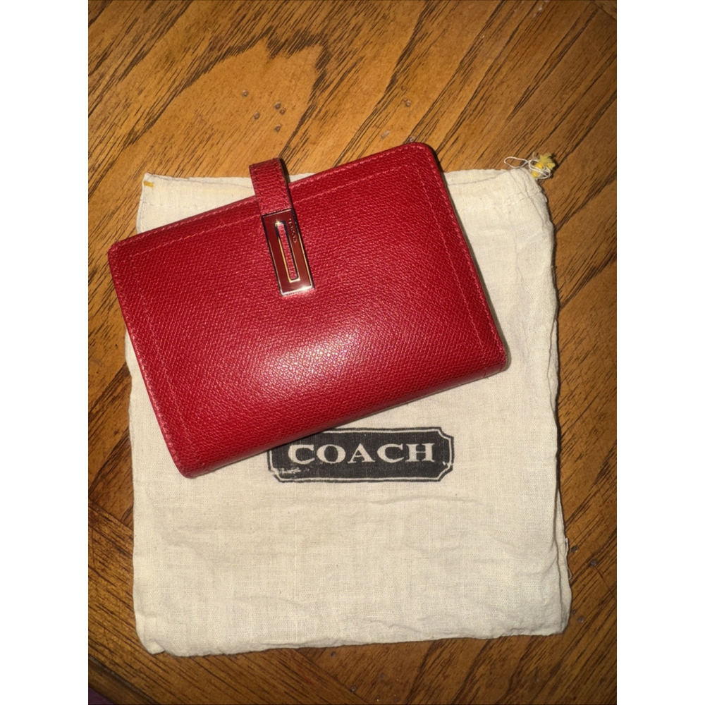 Coach Red Leather Metal Flap Compact Bi-Fold Wallet - Gem